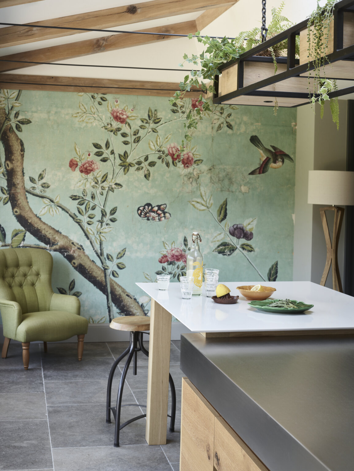 Dramatic Green With Oak Beams and Natural Oak Veneer Island by ...